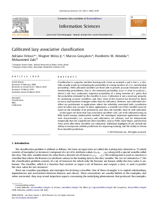 (PDF) Calibrated lazy associative classification