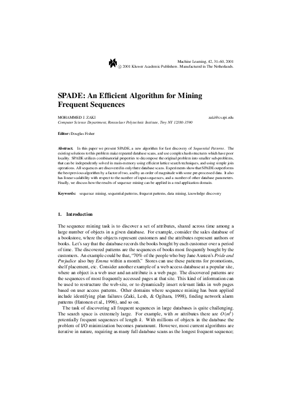 Pdf Spade An Efficient Algorithm For Mining Frequent Sequences