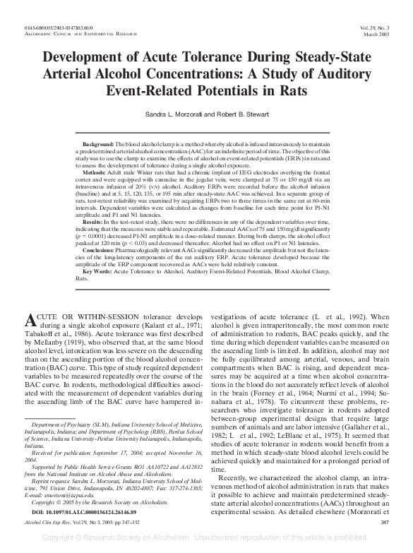 (PDF) Development of Acute Tolerance During Steady-State Arterial ...