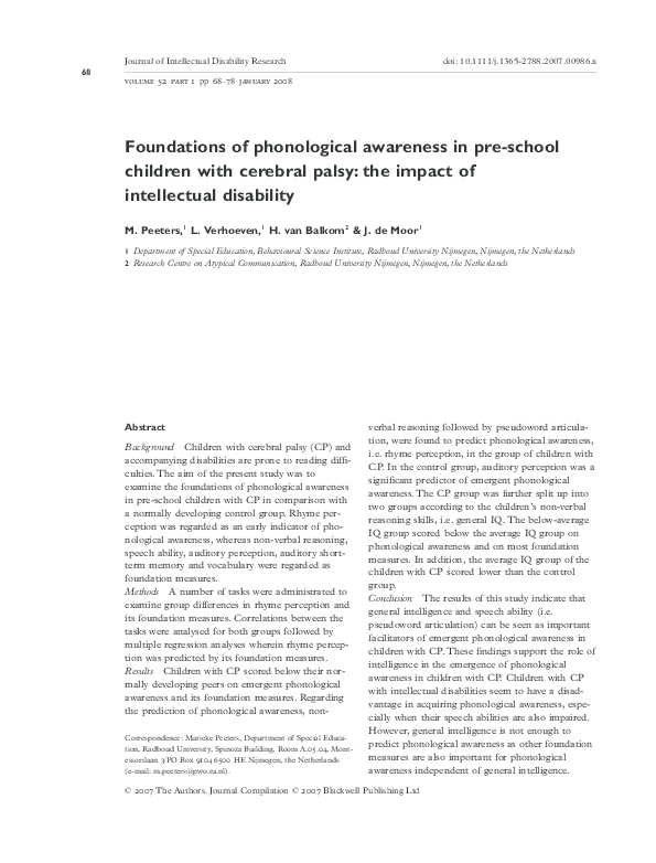 (PDF) Foundations of phonological awareness in pre-school children with cerebral palsy: the ...