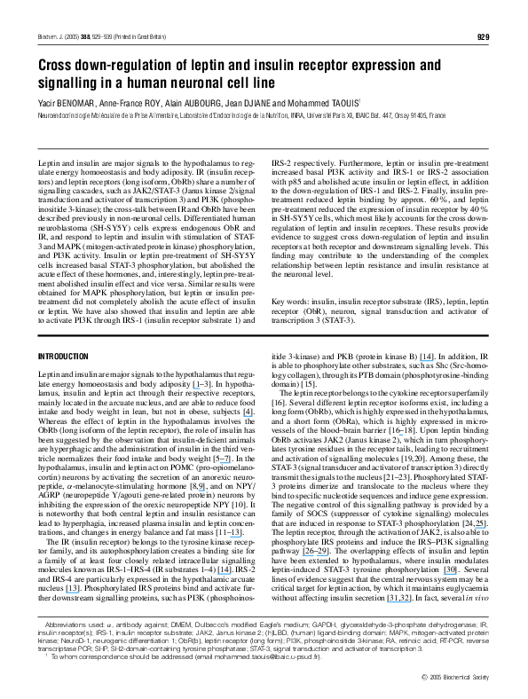 (PDF) Cross down-regulation of leptin and insulin receptor expression ...