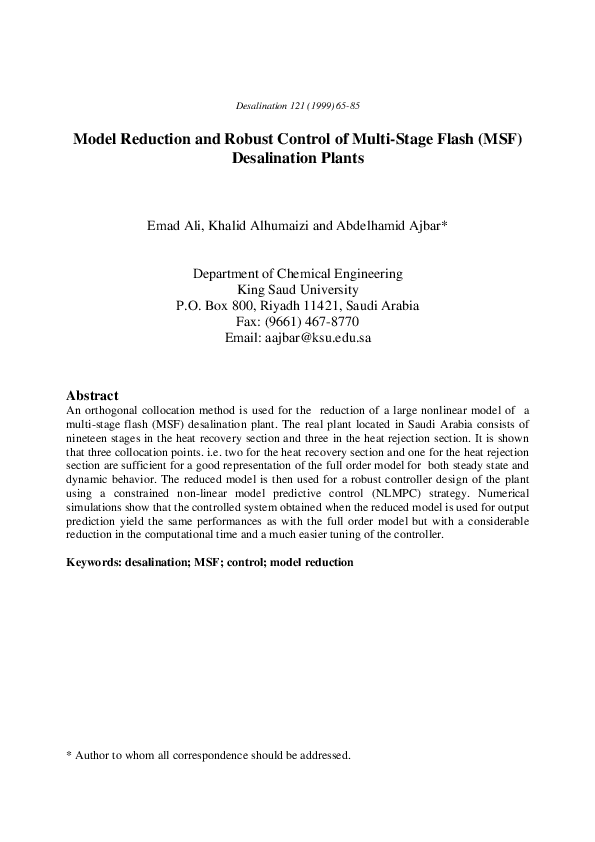 (PDF) Model reduction and robust control of multi-stage flash (MSF ...