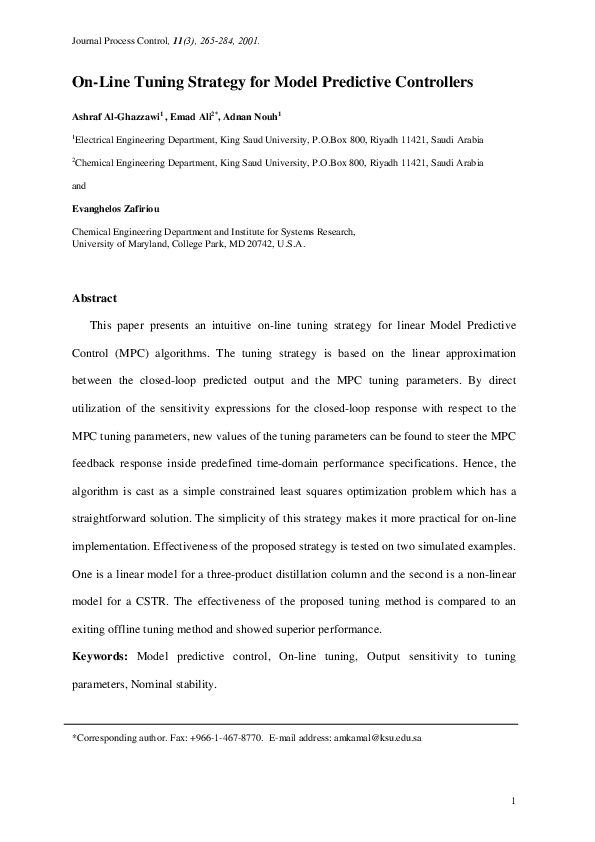 (PDF) On-line tuning strategy for model predictive controllers