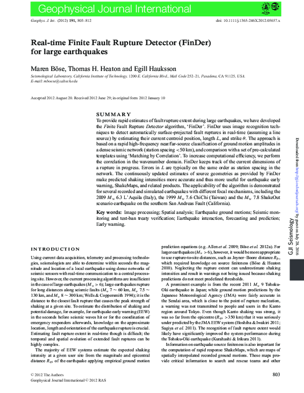 (PDF) Real-time Finite Fault Rupture Detector (FinDer) for large earthquakes