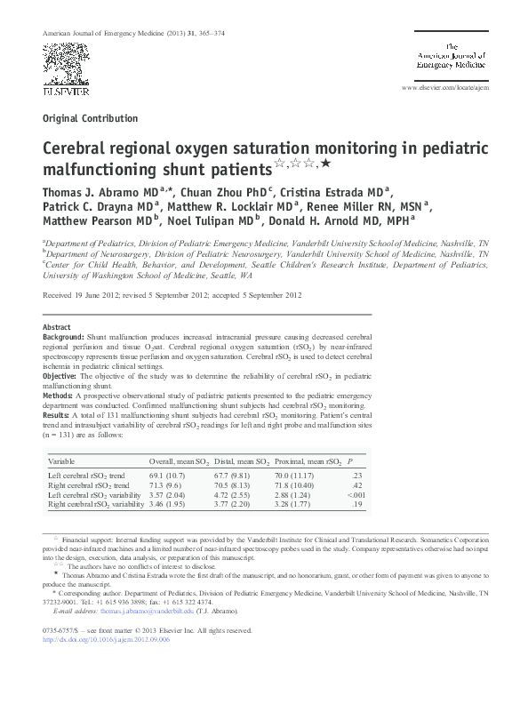 (PDF) Cerebral regional oxygen saturation monitoring in pediatric ...