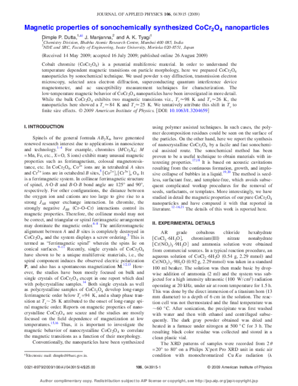 (PDF) Magnetic properties of sonochemically synthesized CoCr2O4 ...