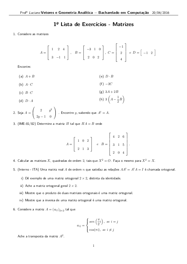 (PDF) ª Lista de Exercícios -Matrizes