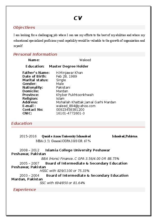 (DOC) CV Education | Waleed Yousafzai - Academia.edu