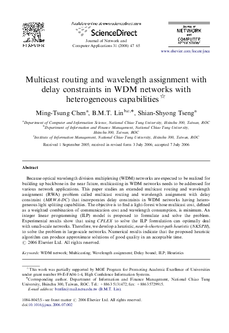 Pdf Multicast Routing And Wavelength Assignment With Shared Protection In Multi Fiber Wdm Mesh 