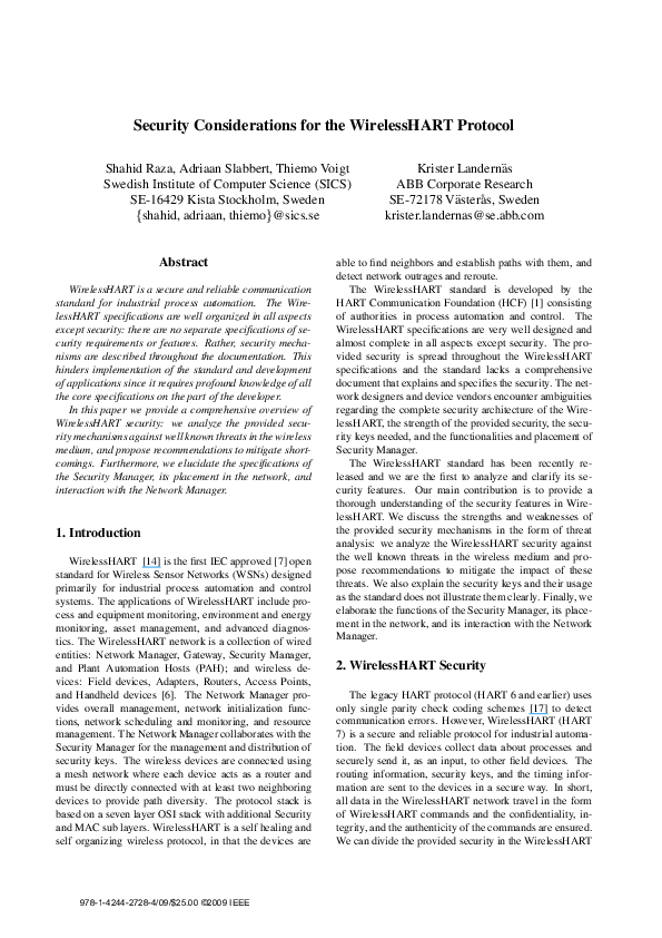 (PDF) Security considerations for the WirelessHART protocol