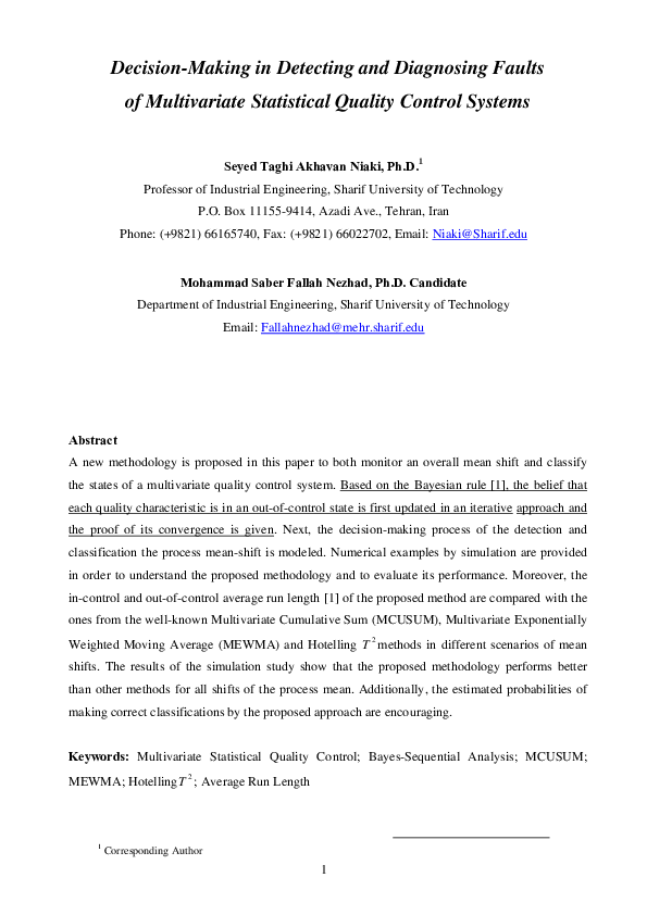 Pdf Decision Making In Detecting And Diagnosing Faults Of Multivariate Statistical Quality