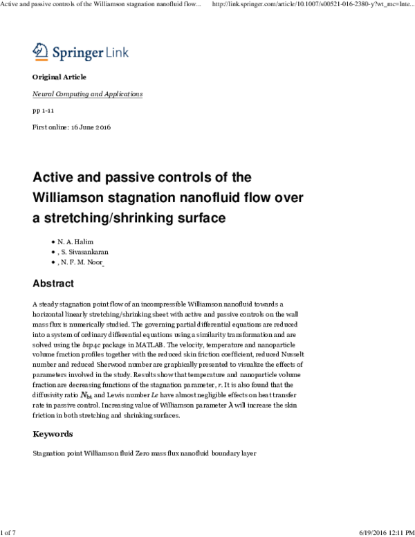 (PDF) Active and passive controls of the Williamson stagnation ...