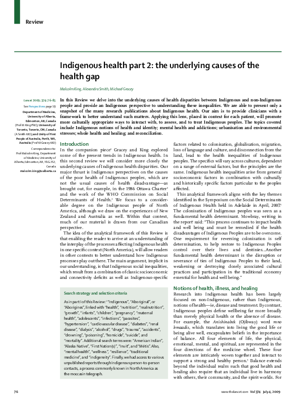 (PDF) Indigenous health part 2: the underlying causes of the health gap