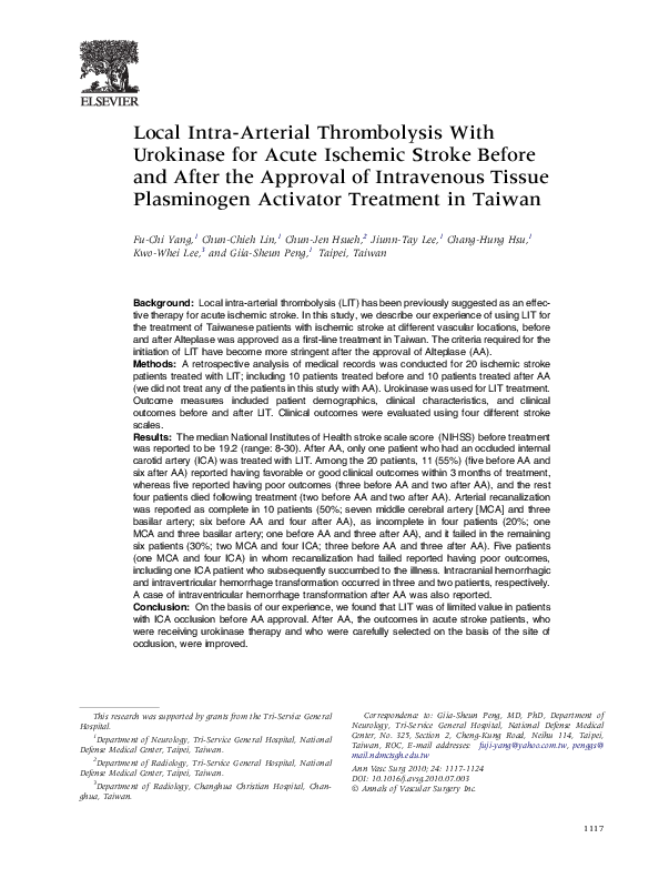 (PDF) Local intra-arterial thrombolysis with urokinase for acute ischemic stroke before and ...
