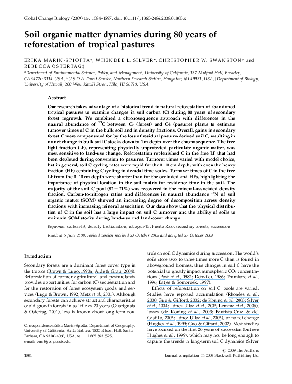 (PDF) Soil organic matter dynamics during 80 years of reforestation of tropical pastures