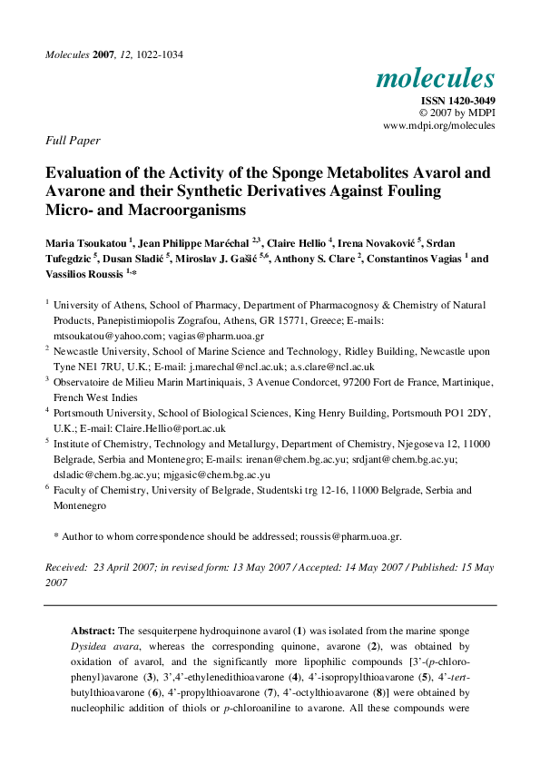 (PDF) Evaluation of the Activity of the Sponge Metabolites Avarol and ...