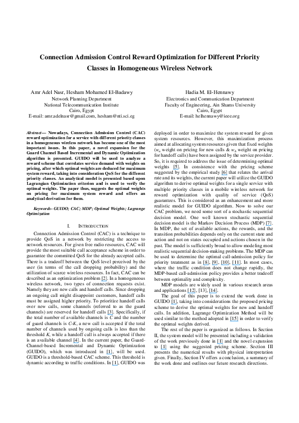 (PDF) Connection Admission Control Reward Optimization for Different ...