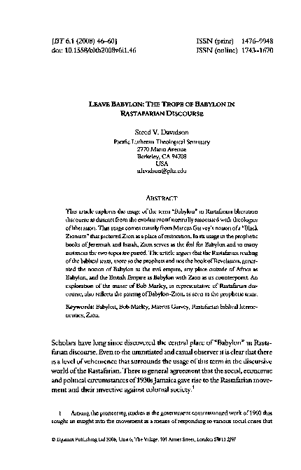 (PDF) Leave Babylon: The Trope of Babylon in Rastafarian Discourse