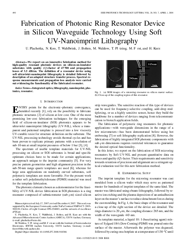 (PDF) Fabrication of Photonic Ring Resonator Device in Silicon Waveguide Technology Using Soft ...