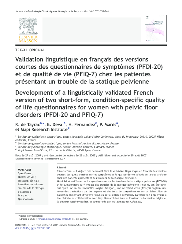 (PDF) Validation linguistique en français des versions courtes des ...