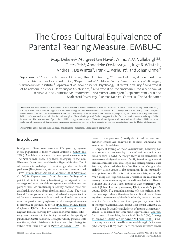 (PDF) The Cross-Cultural Equivalence of Parental Rearing Measure: EMBU-C