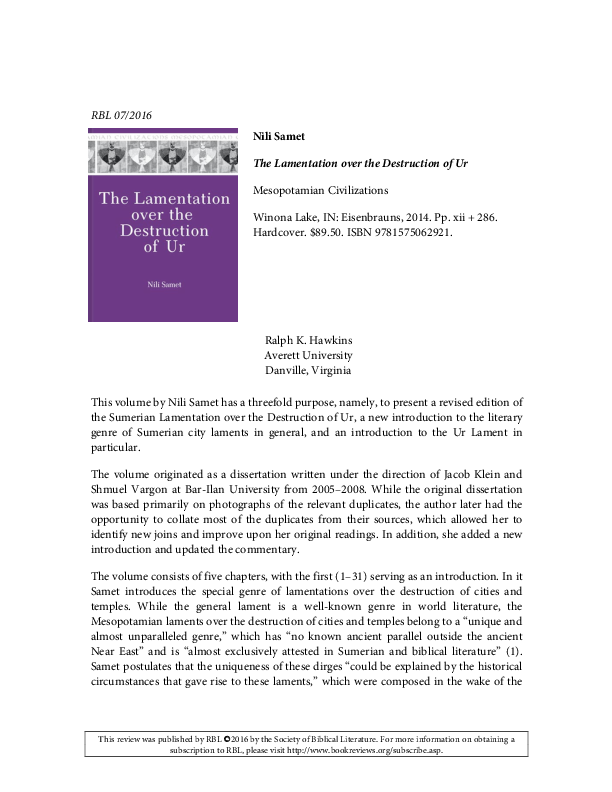 (PDF) The Lamentation over the Destruction of Ur by Nili Samet