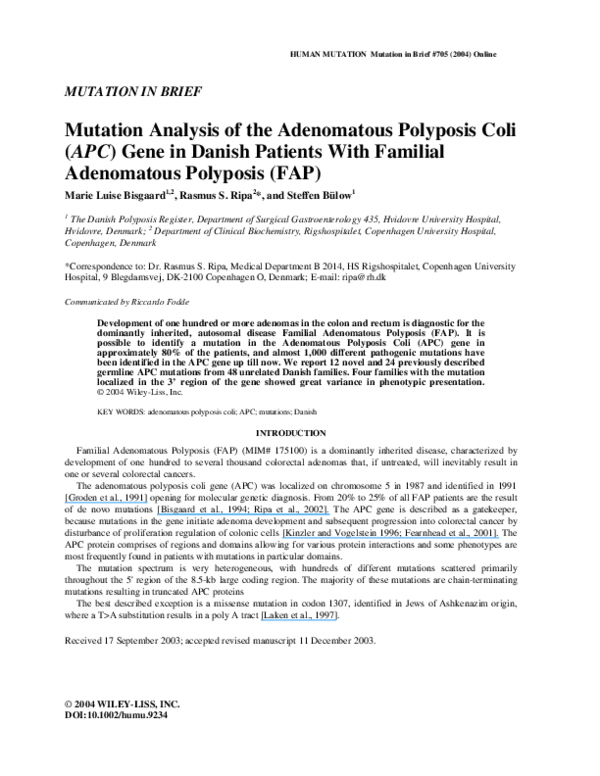 Pdf Mutation Analysis Of The Adenomatous Polyposis Coli Apc Gene In