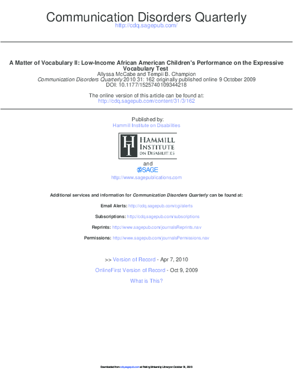 (PDF) A Matter of Vocabulary II: Low-Income African American Children’s ...