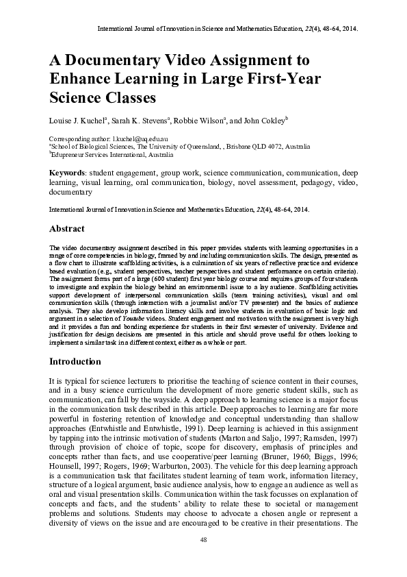 (PDF) A Documentary video assignment to enhance learning in large first ...