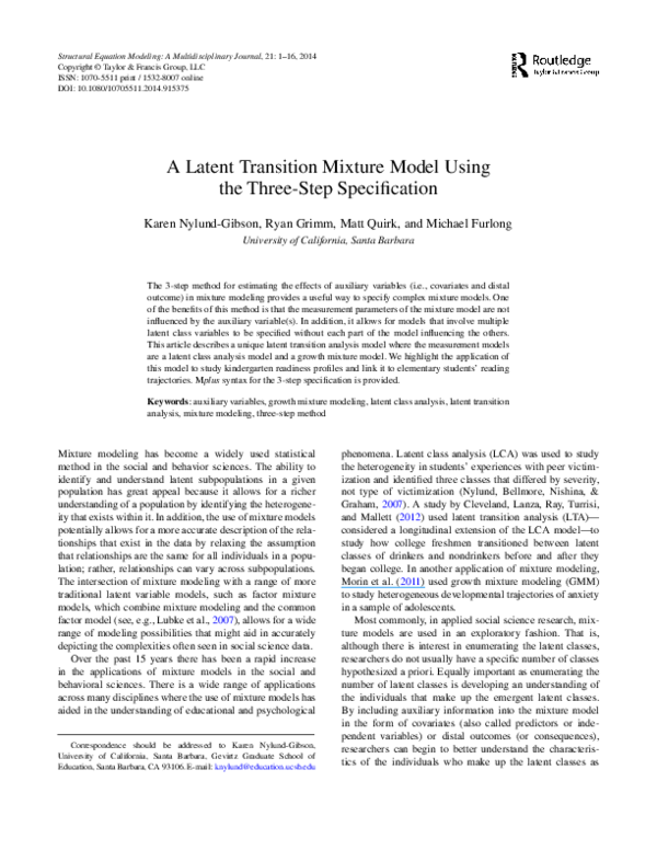 Pdf A Latent Transition Mixture Model Using The Three Step Specification