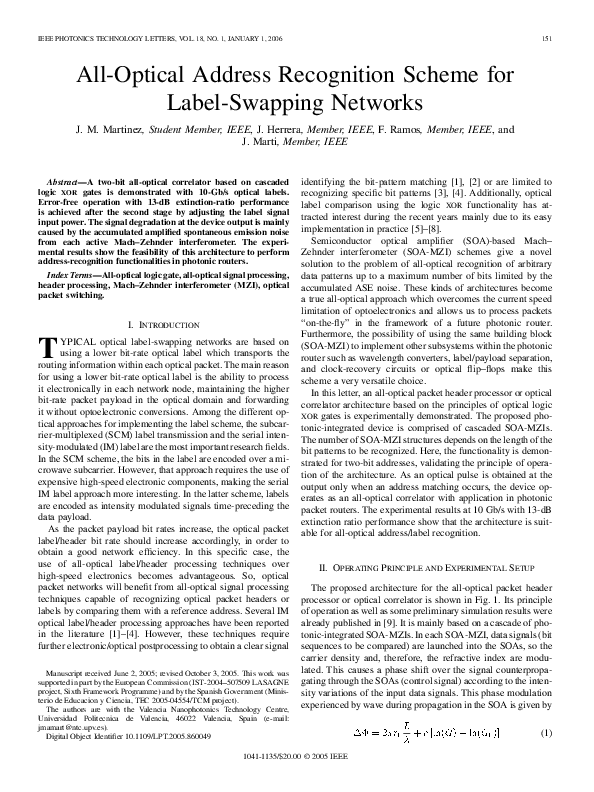 Pdf All Optical Address Recognition Scheme For Label Swapping Networks