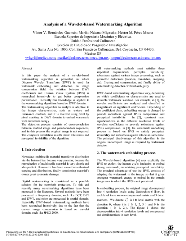 Pdf Analysis Of A Wavelet Based Watermarking Algorithm Victor Hernandez
