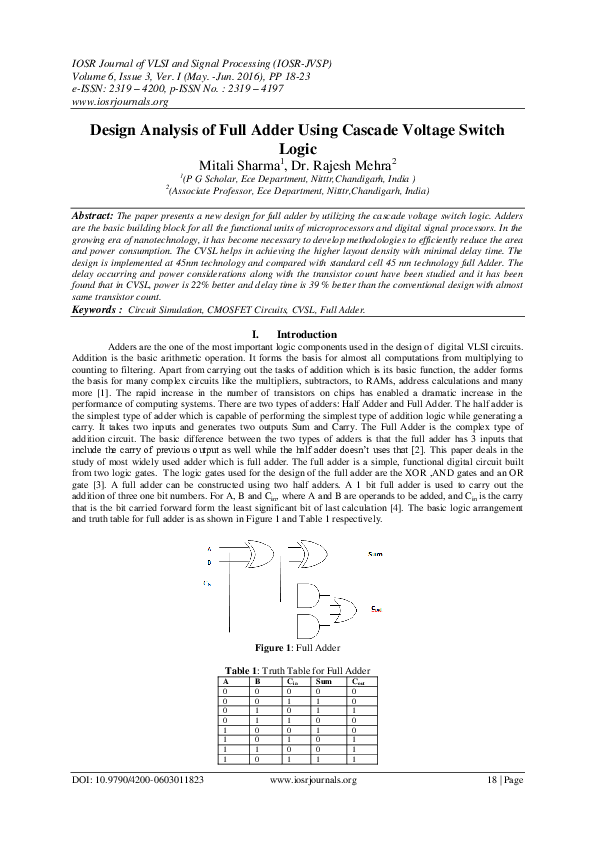(PDF) Design Analysis of Full Adder Using Cascade Voltage Switch Logic