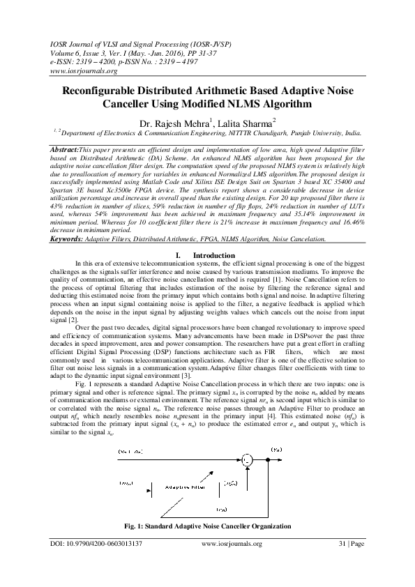 Pdf Reconfigurable Distributed Arithmetic Based Adaptive Noise Canceller Using Modified Nlms