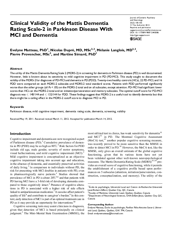 (PDF) Clinical Validity of the Mattis Dementia Rating Scale2 in ...