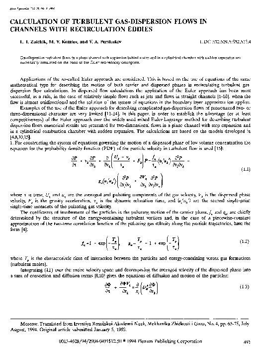 (PDF) Calculation of turbulent gas-dispersion flows in channels with recirculation eddies