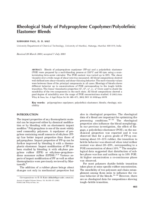 (PDF) Rheological study of polypropylene copolymer/polyolefinic elastomer blends