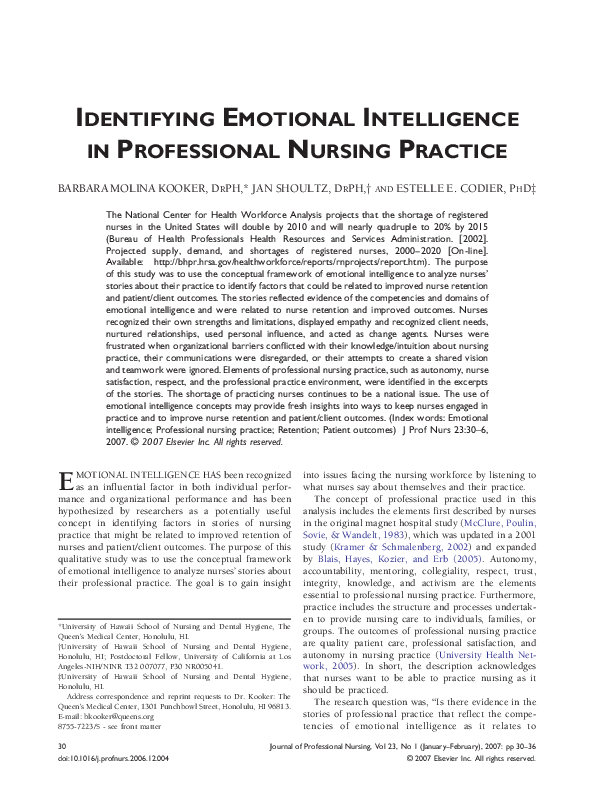 (PDF) Identifying Emotional Intelligence in Professional Nursing Practice