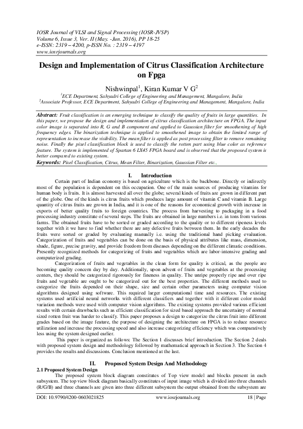 Pdf Design And Implementation Of Citrus Classification Architecture On Fpga