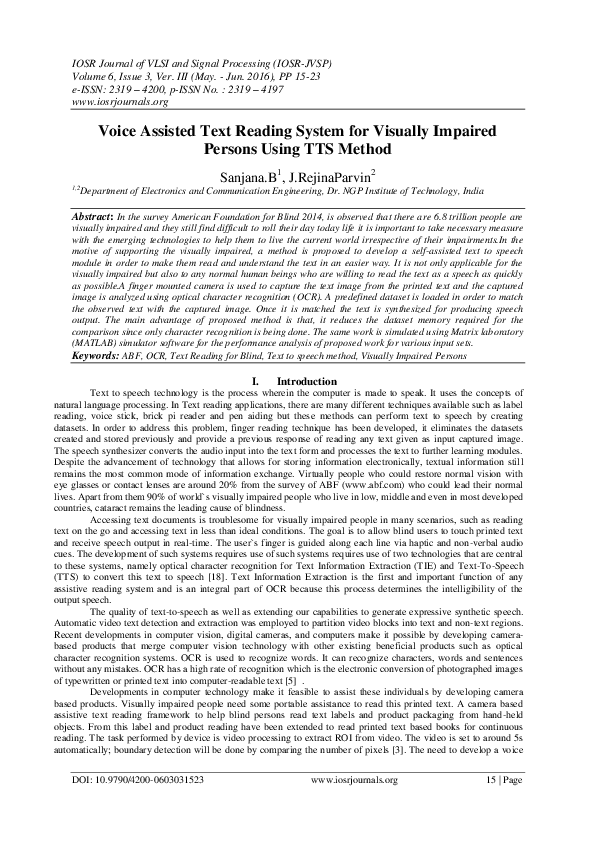 (PDF) Voice Assisted Text Reading System for Visually Impaired Persons ...