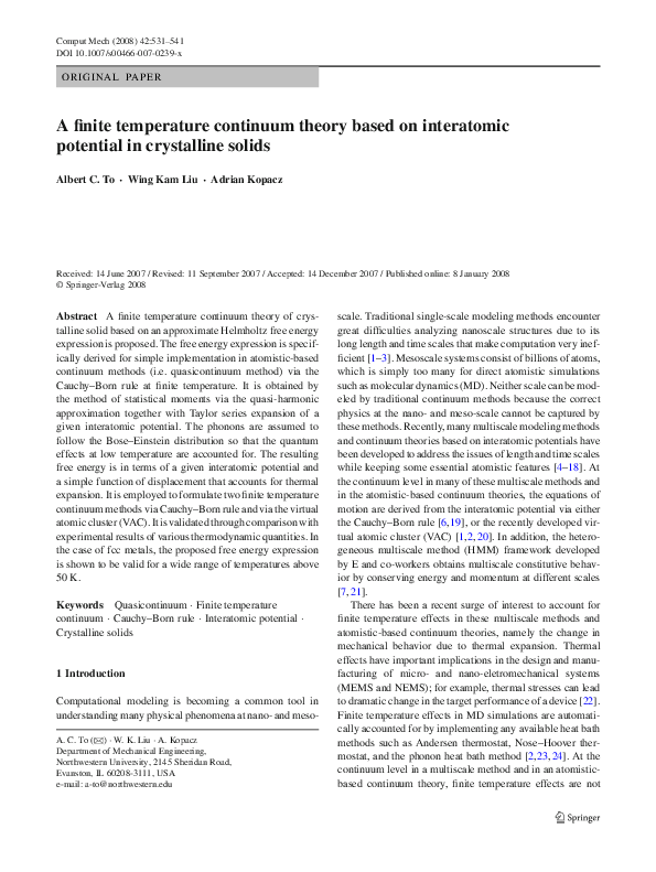 Pdf A Finite Temperature Continuum Theory Based On Interatomic