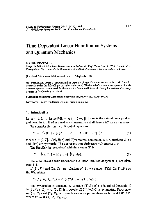 (PDF) Time-dependent linear Hamiltonian systems and quantum mechanics