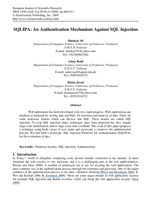 (PDF) SQLIPA: An Authentication Mechanism Against SQL Injection