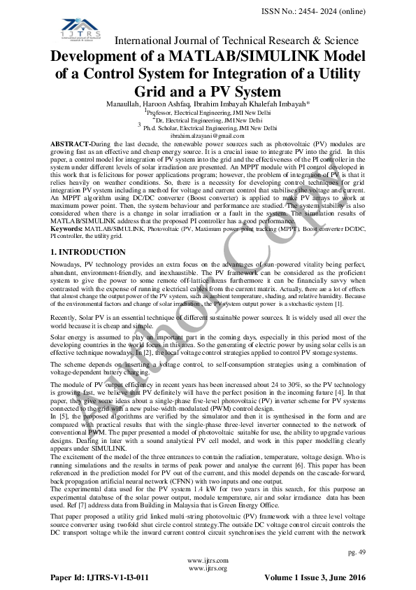 (PDF) Development of a MATLAB/SIMULINK Model of a Control System for Integration of a Utility ...