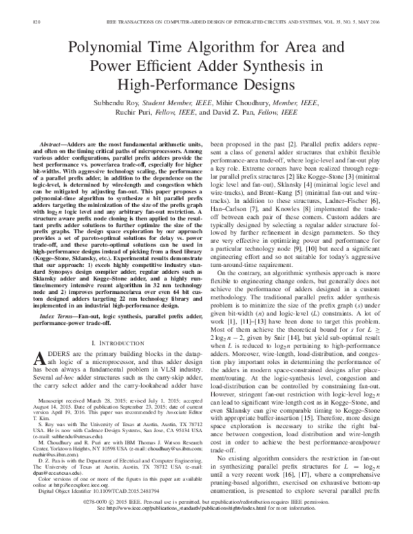 Pdf Polynomial Time Algorithm For Area And Power Efficient Adder Synthesis In High Performance