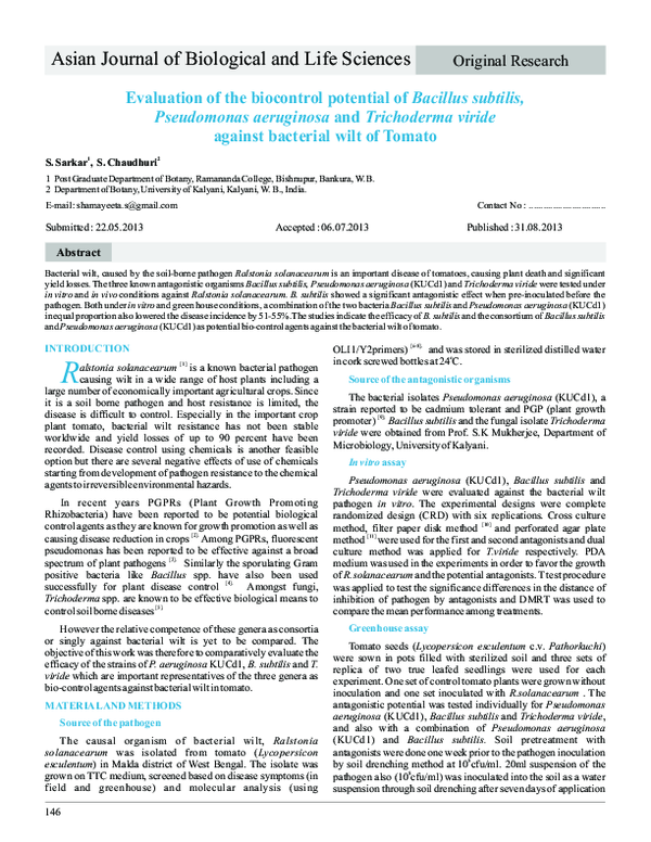 Pdf Evaluation Of The Biocontrol Potential Of Bacillus Subtilis Pseudomonas Aeruginosa And