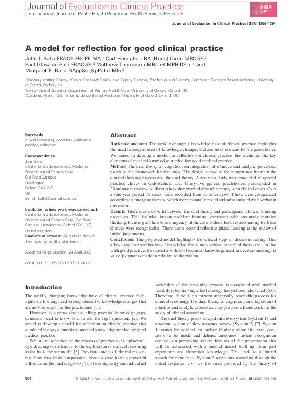 (PDF) A model for reflection for good clinical practice