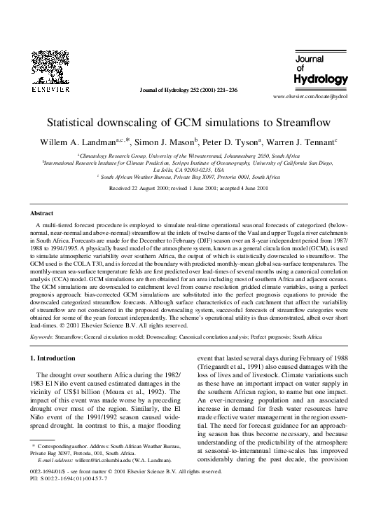 (PDF) Statistical downscaling of GCM simulations to Streamflow
