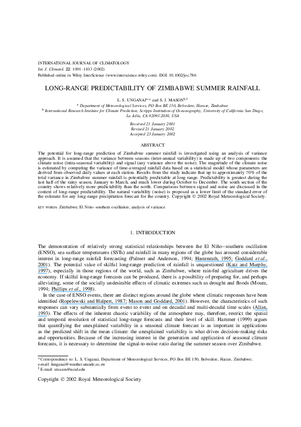 (PDF) Long-range predictability of Zimbabwe summer rainfall