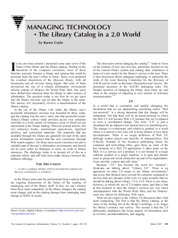 (PDF) The Library Catalog in a 2.0 World